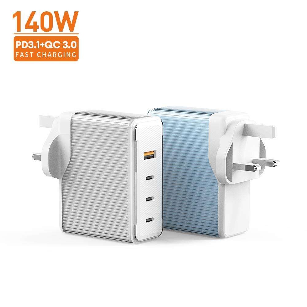 Support 140W GaN Travel Wall Charger 4 Ports USB C 3C1A Fast Charging 100Watts Charger UK US EU ...