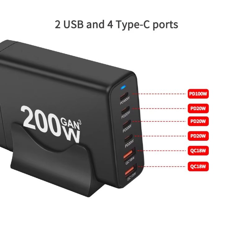 High power 200W GaN Charger 6 ports 4*Type C and 2*USB multi-function ...
